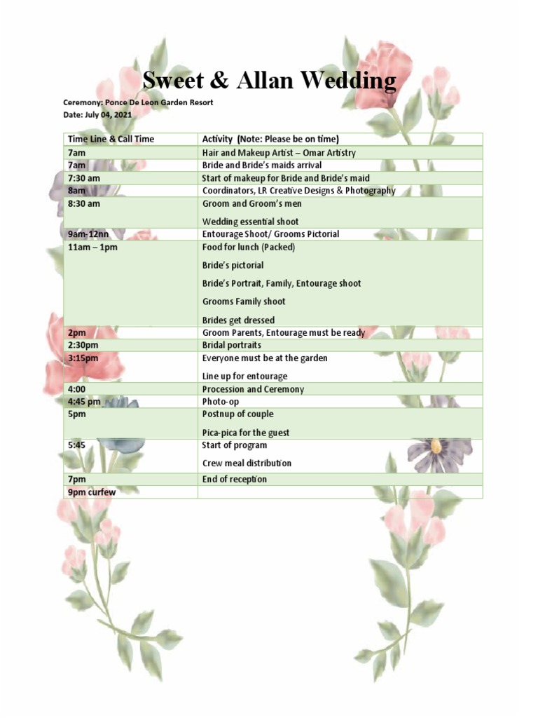 Wedding Call Time and Time Line | PDF