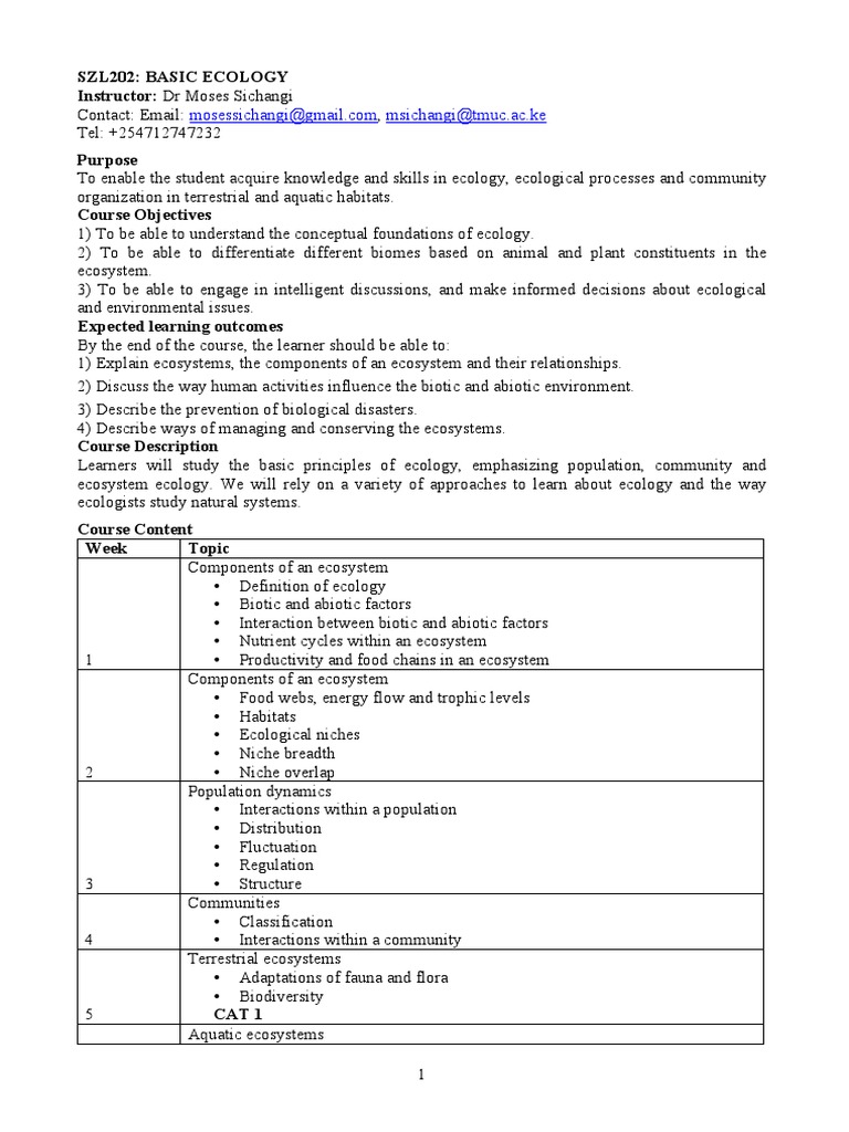 SZL202 Basic Ecology Course Outline | PDF | Ecology | Ecological Niche
