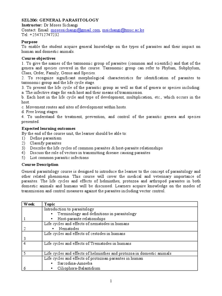 SZL206 General Parasitology Course Outline-3 | PDF | Parasitism ...