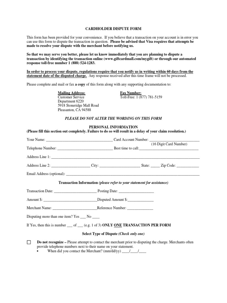 Cardholder Dispute Form Instructions | PDF | Credit Card | Financial ...