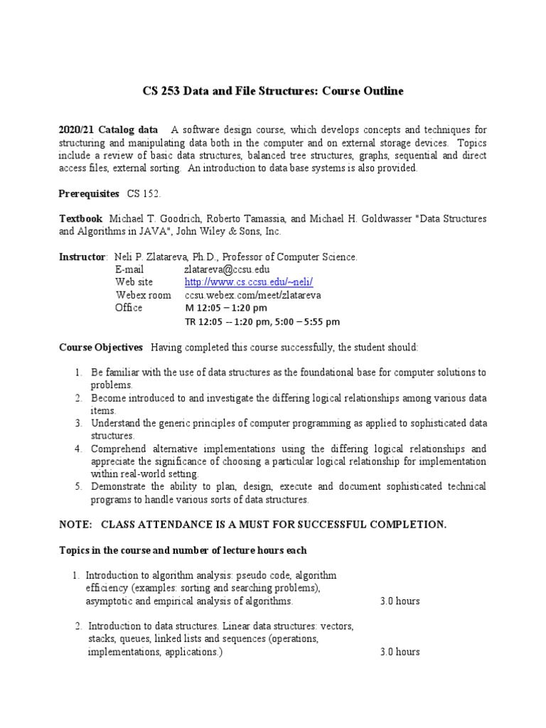 CS 253 Data and File Structures: Course Outline | PDF | Computing | Computer Programming