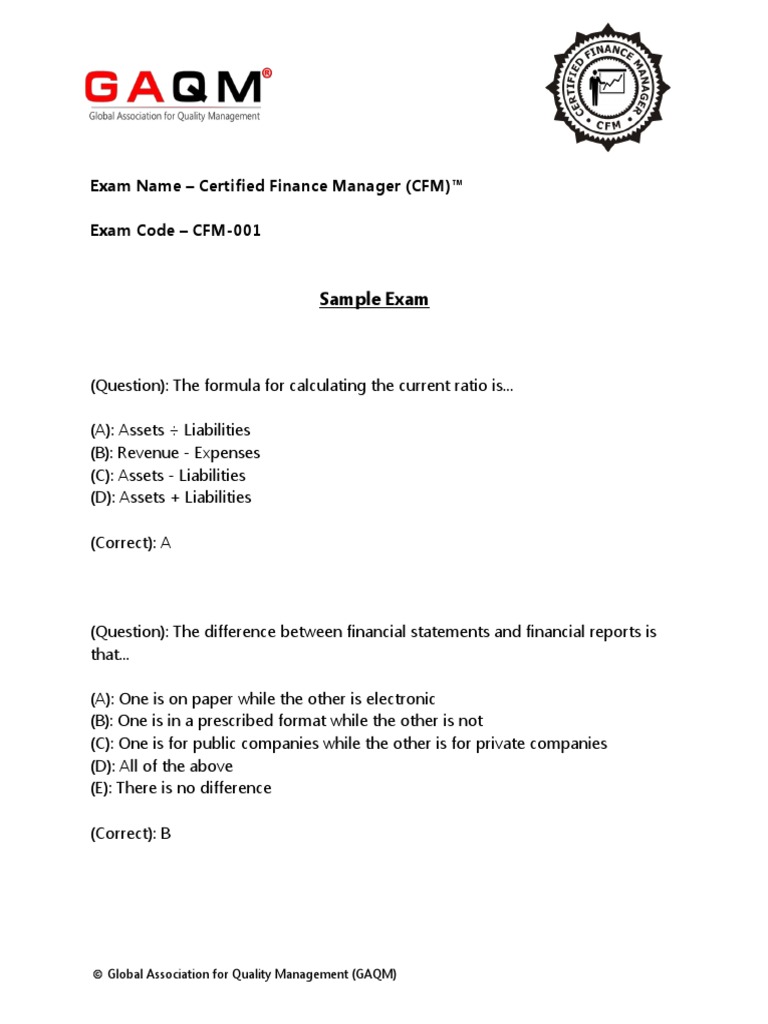 Sample Exam: Exam Name - Certified Finance Manager (CFM) ™ Exam Code ...