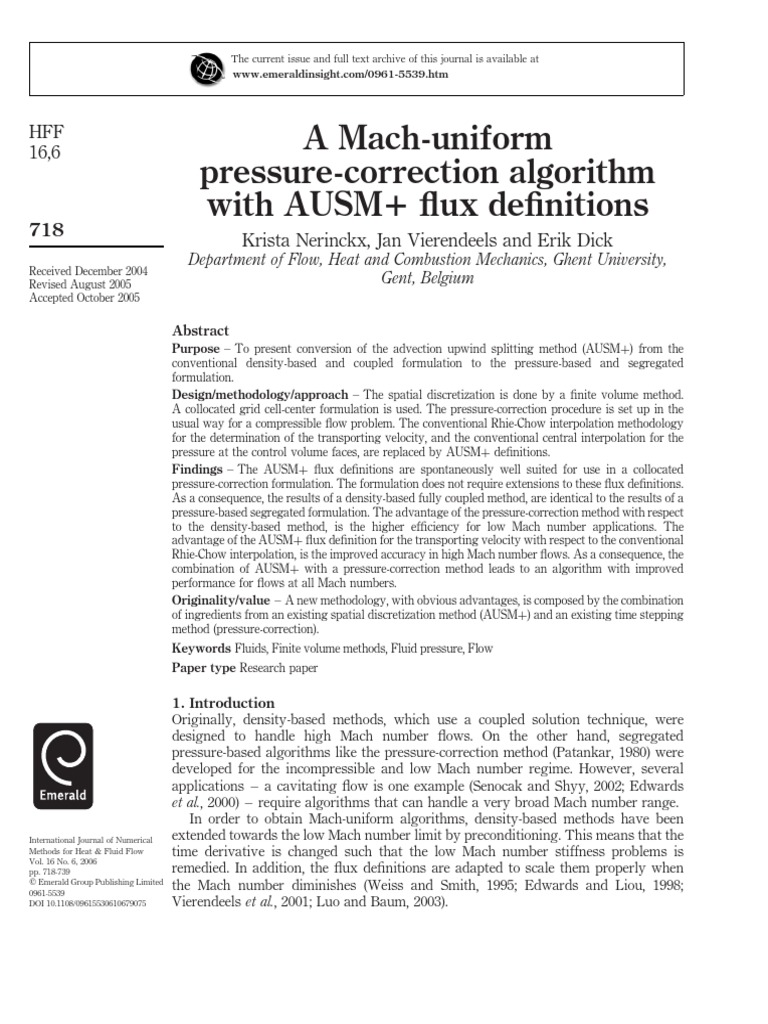 A Mach Uniform Pressure Correction Algorithm With AUSM+ Flux ...