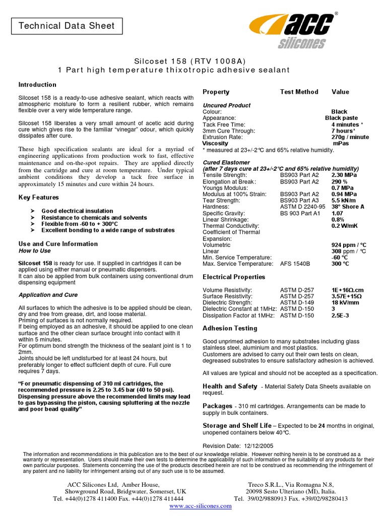 En - Silcoset 158 TDS - 1 | PDF | Adhesive | Electrical Resistivity And ...