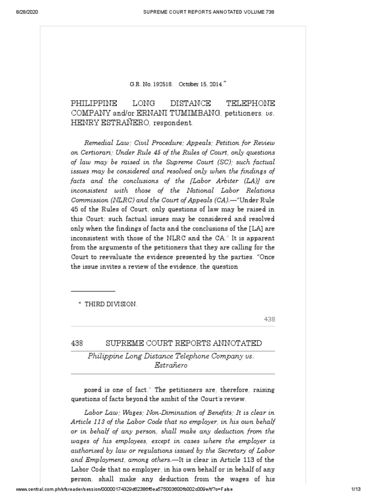 Philippine Long Distance Telephone COMPANY And/or ERNANI TUMIMBANG, Petitioners, vs. HENRY ...
