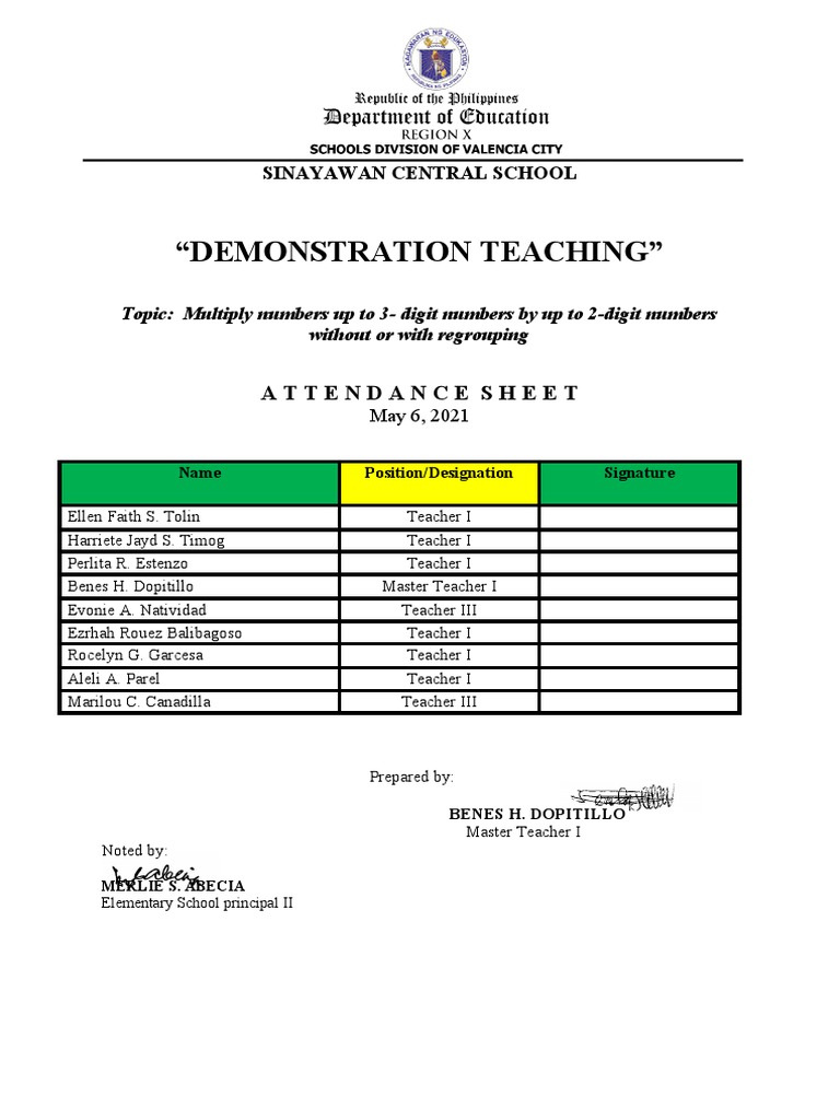 "Demonstration Teaching": Attendance Sheet | PDF