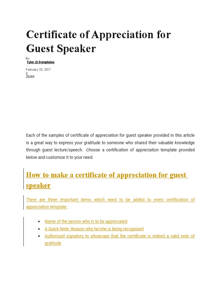 Certificate of Appreciation For Guest Speaker | PDF