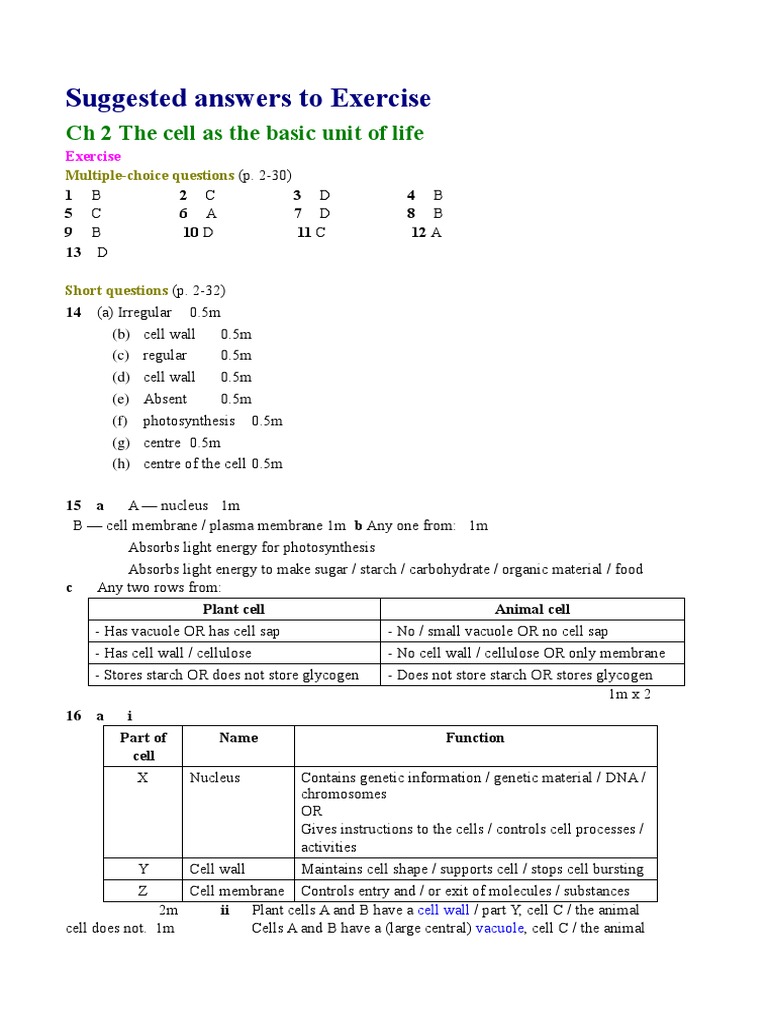 Cell Biology Exercise Answers | PDF | Cell (Biology) | Eukaryotes