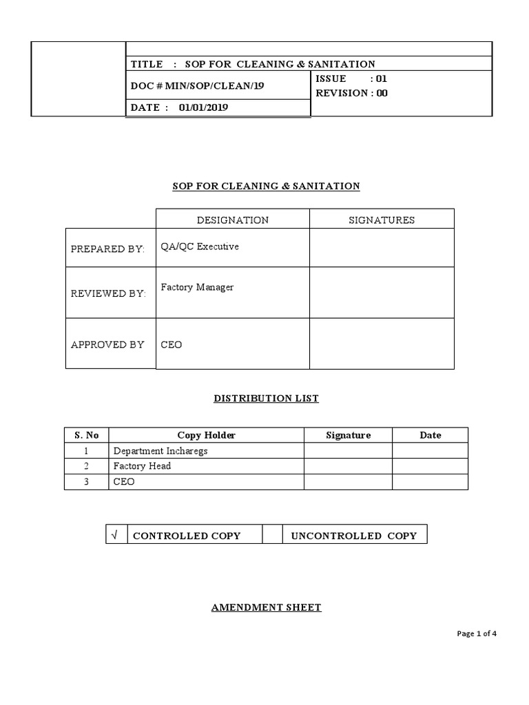 SOP For Cleaning & Sanitation | PDF | Waste | Disinfectant