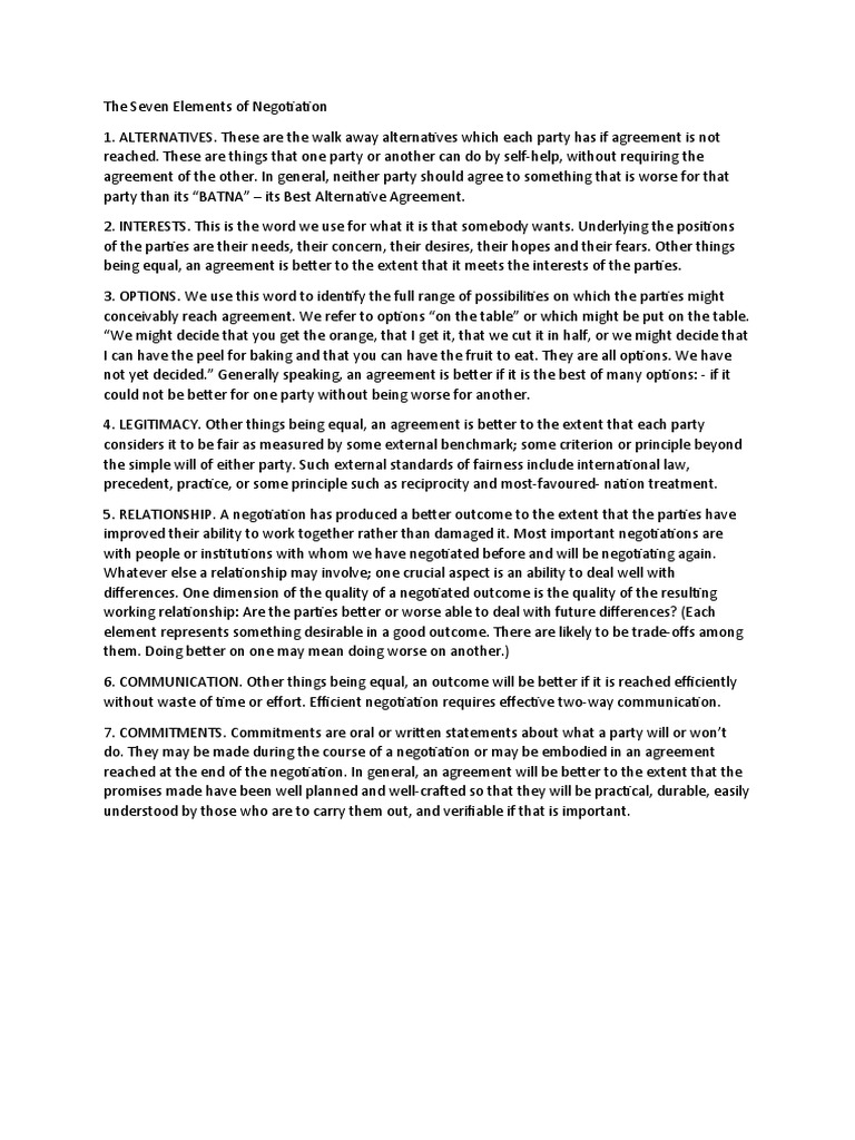 The Seven Elements of Negotiation | PDF | Negotiation