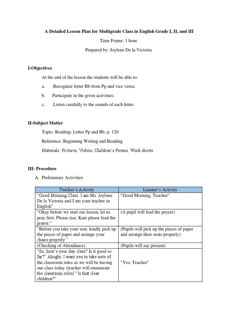 A Detailed Lesson Plan For Multigrade Class in English | PDF | Lesson ...