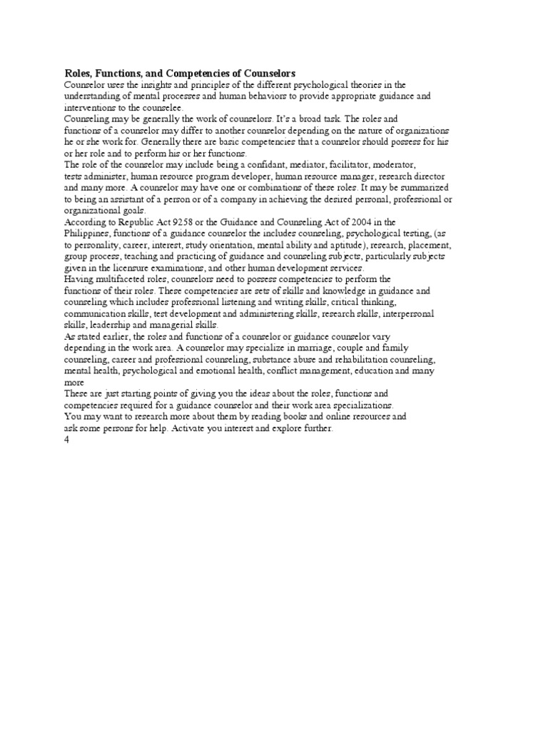 Roles and Function of Counselors | PDF | School Counselor | Psychotherapy