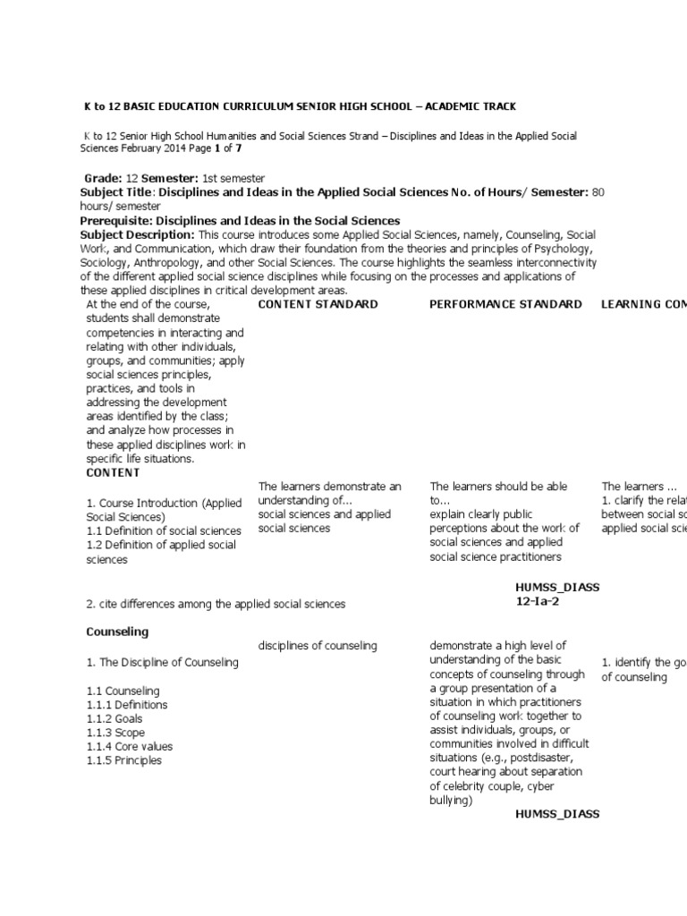 Applied Social Sciences Curriculum Guide | PDF | Social Sciences ...