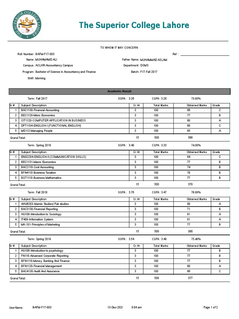 Superior College Lahore Academic Transcript | PDF | Academia