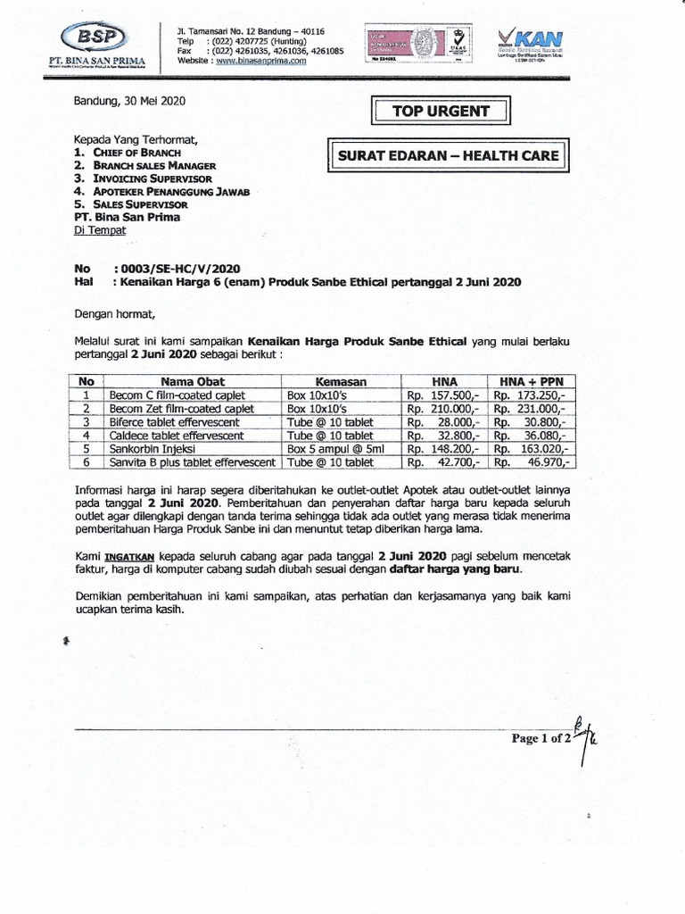 Kenaikan Harga Produk Sanbe 2020 | PDF