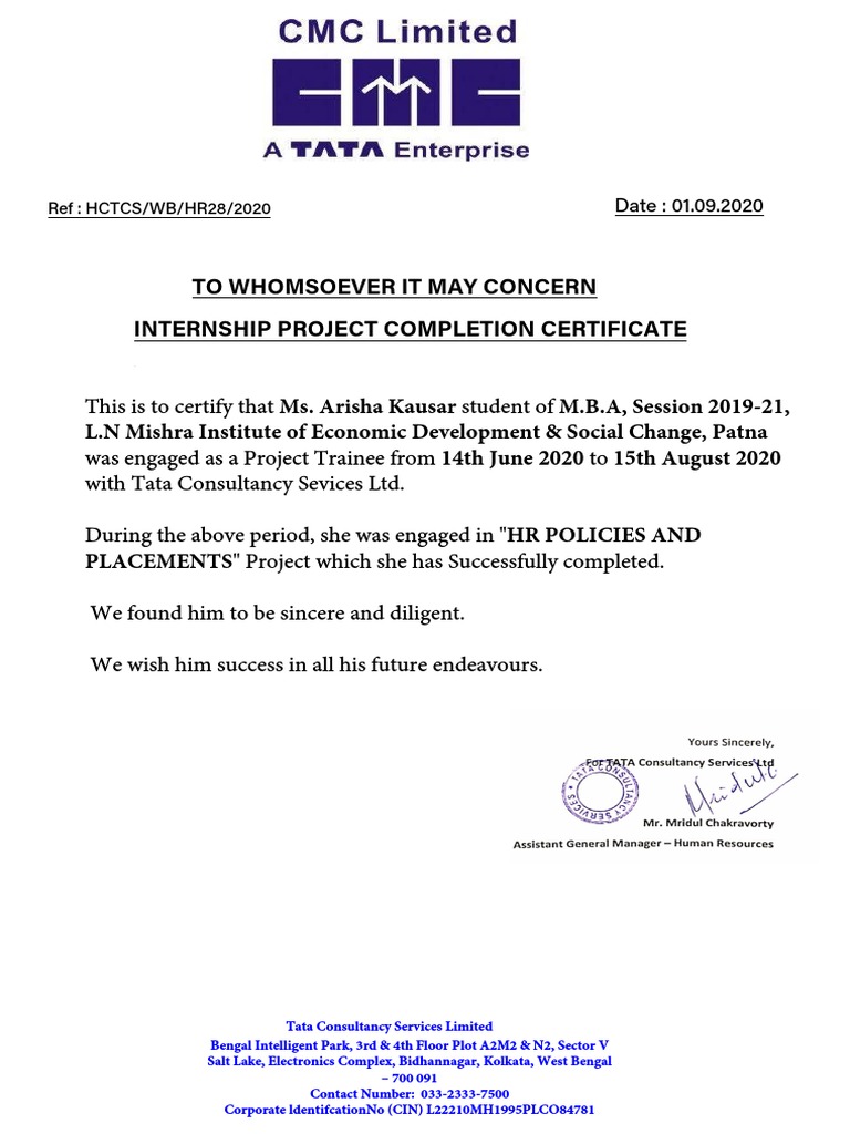 Internship Project Completion Certificate To Whomsoever It May Concern ...