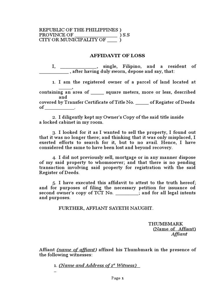 Affidavit of Loss for Land Title | PDF | Affidavit | Notary Public