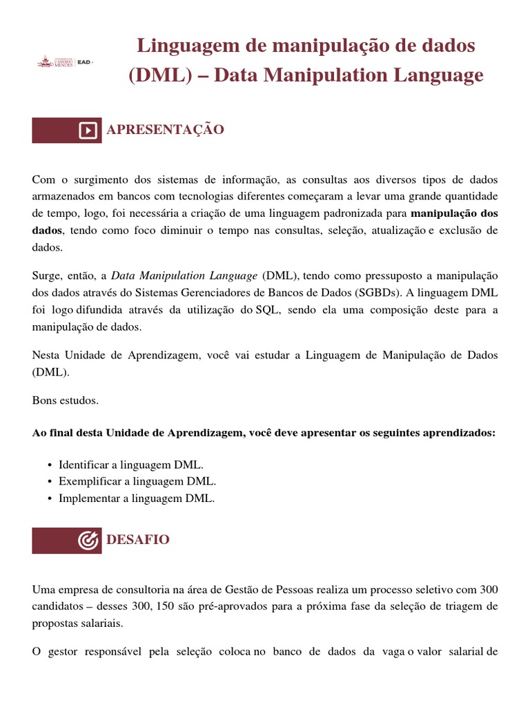 UNID 3.2 - Linguagem de Manipulação de Dados (DML) Data Manipulation ...
