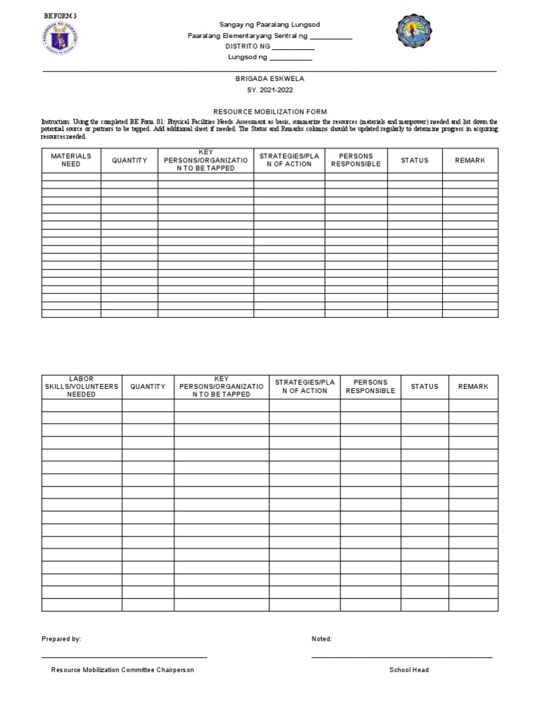 Brigada Eskwela Form 3 Resource Mobilization Form | PDF