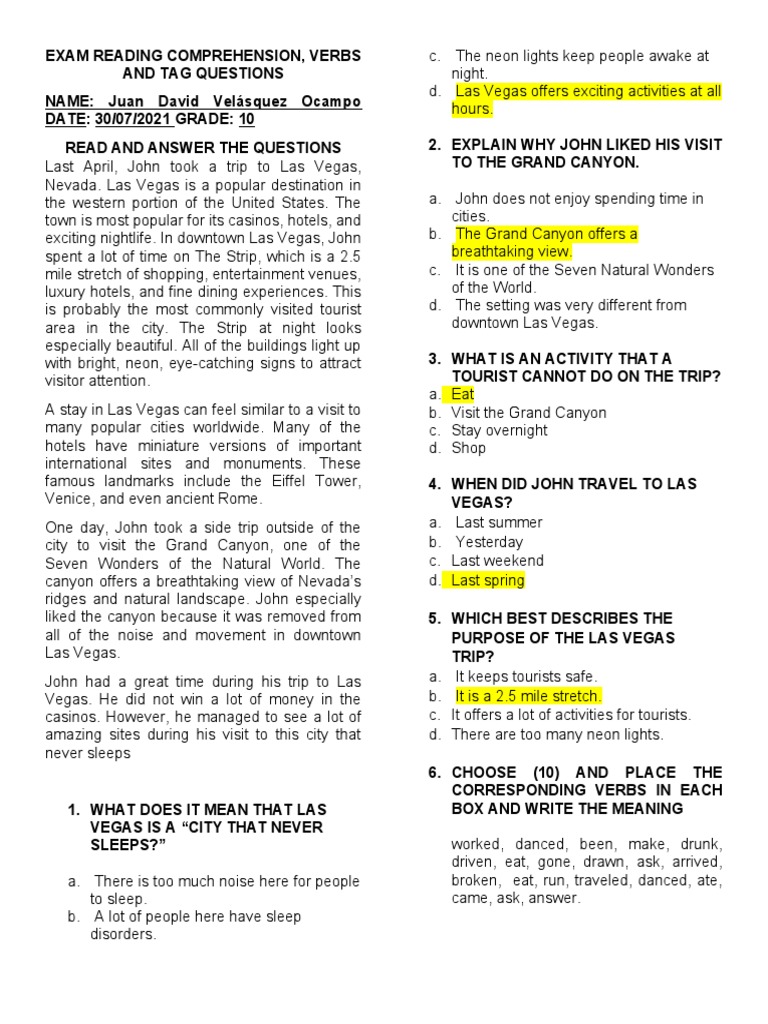 Solición - EXAM READING COMPREHENSION 10° | PDF | Las Vegas | Las Vegas ...