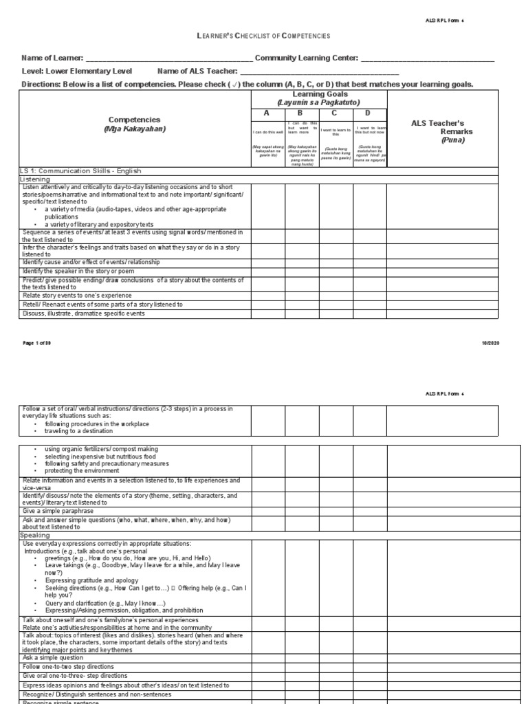 RPL Form 4 LEL Learners Checklist of Competencies | PDF | Plants ...