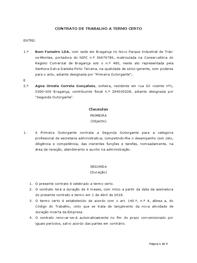 Contrato de Trabalho A Termo Certo A Agna | PDF | Férias trabalhistas | Direito Comercial