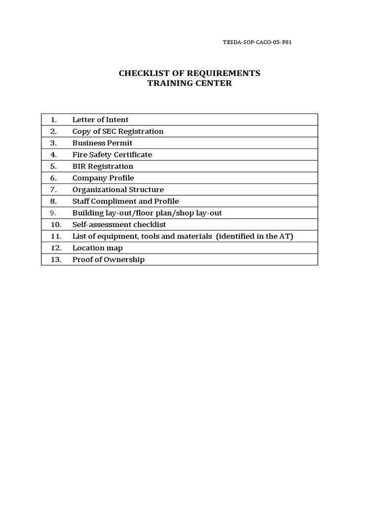 TESDA Training Center Accreditation Checklist | PDF