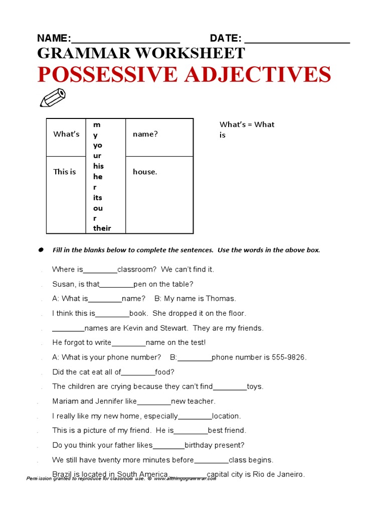 Possessive Adjectives: Grammar Worksheet | PDF