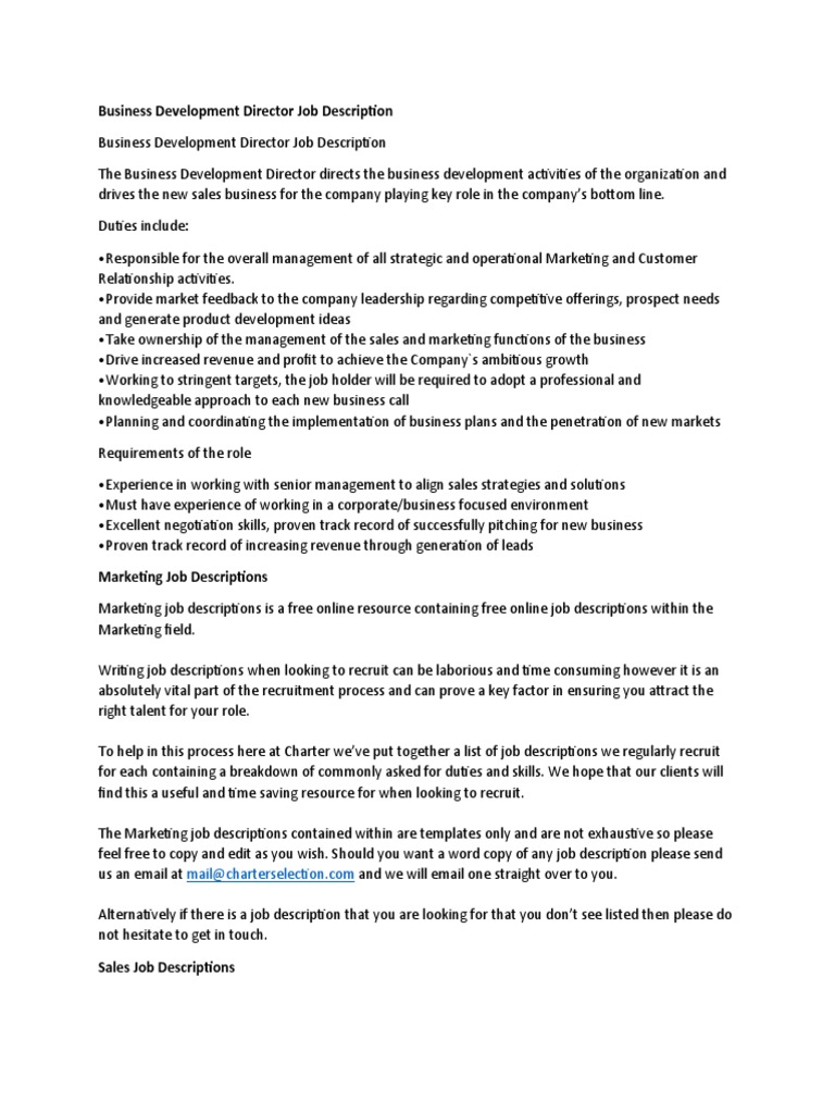Business Development Director Job Description | Download Free PDF ...