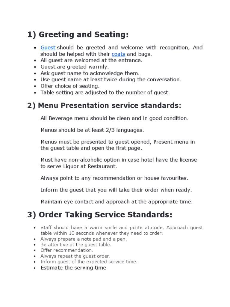 1) Greeting and Seating:: 2) Menu Presentation Service Standards | PDF ...