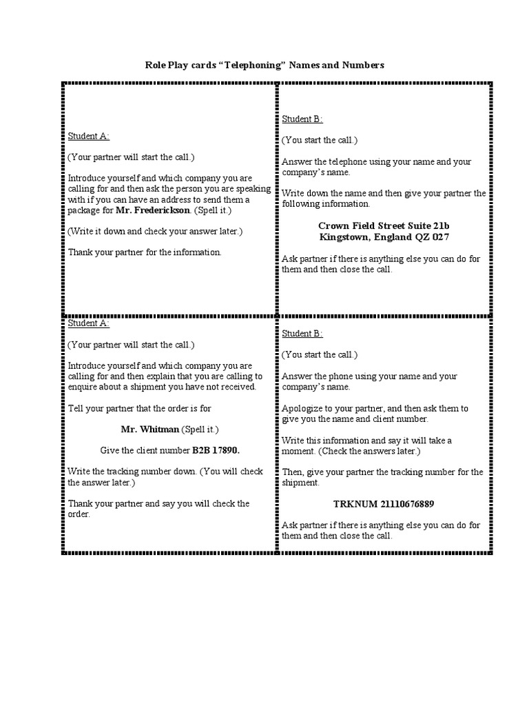 Role Play Cards "Telephoning" Names and Numbers: Mr. Whitman (Spell It ...