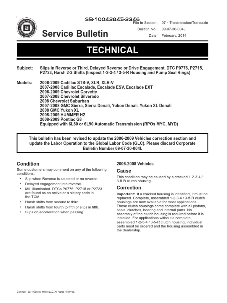 Service Bulletin: Technical | PDF | Vehicles | General Motors
