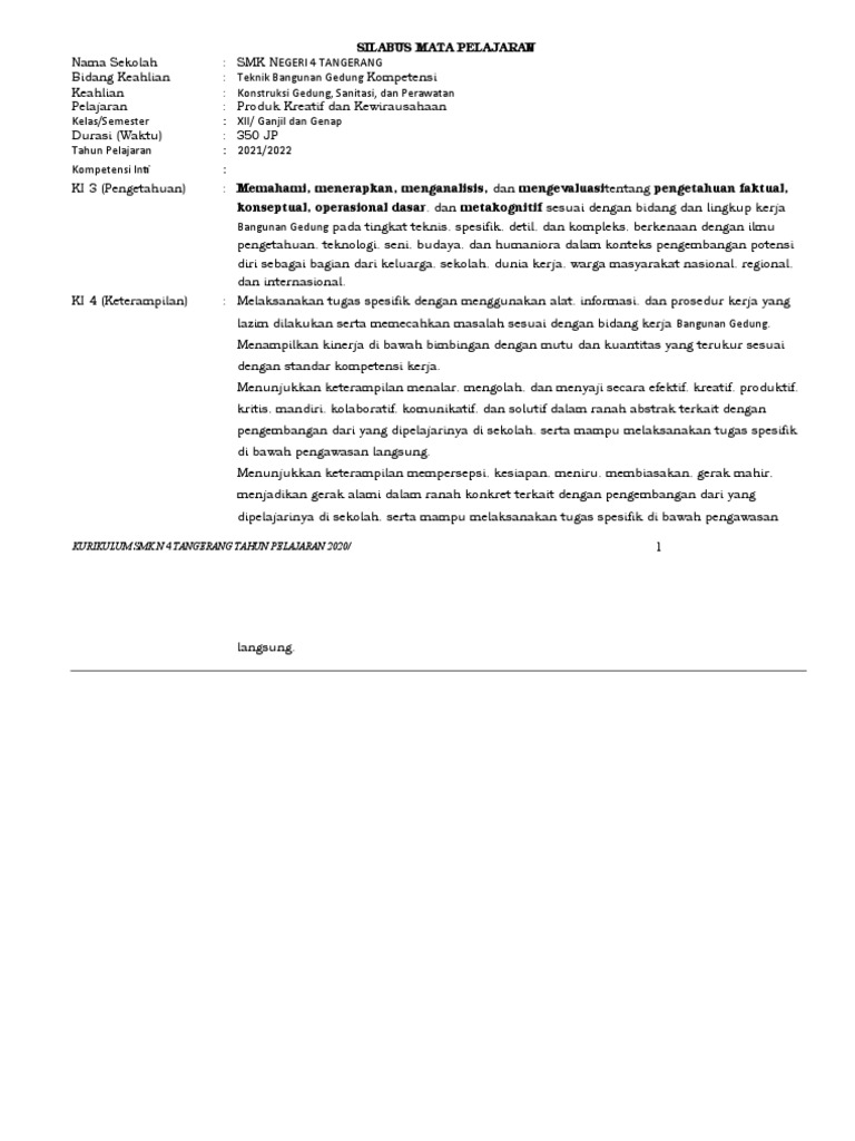 SILABUS PKK Kelas XII KGSP - 2021-2022 - Shiddiq | PDF