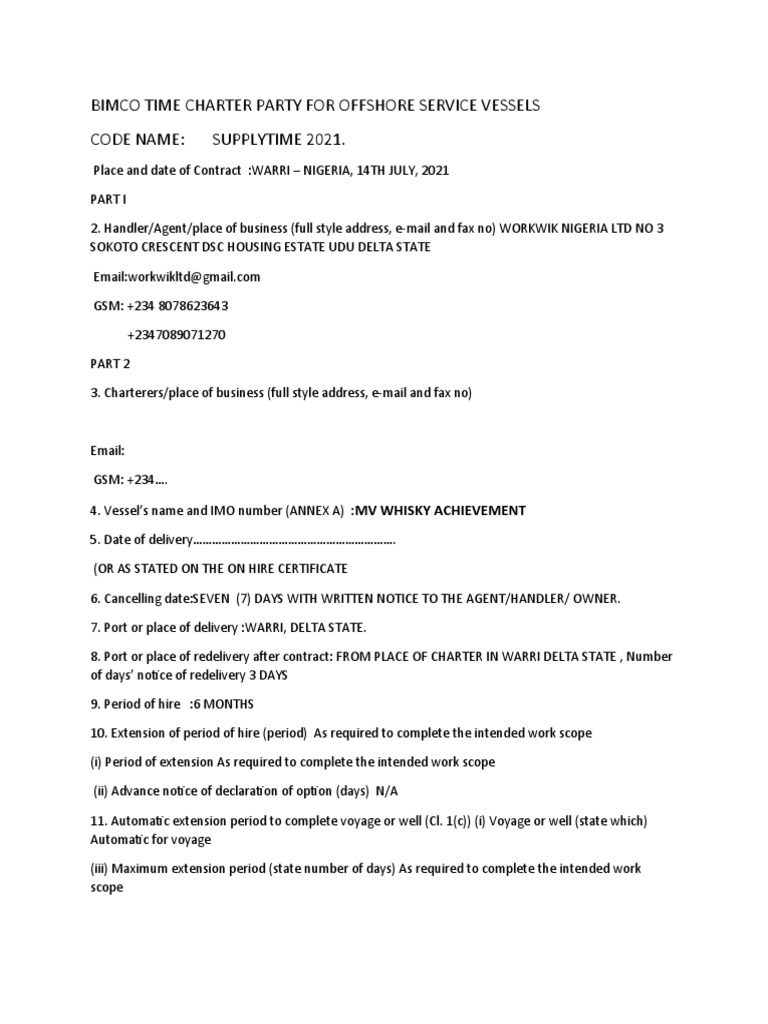 Bimco Time Charter Party For Offshore Service Vessels Code Name ...