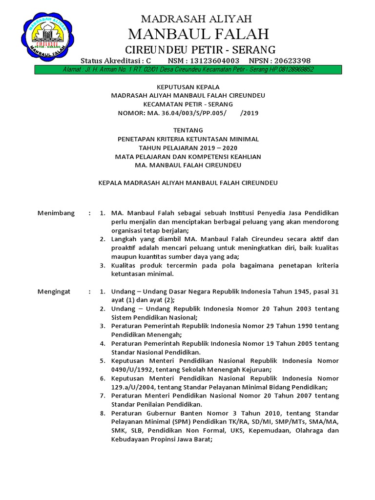 SK Penetapan KKM | PDF