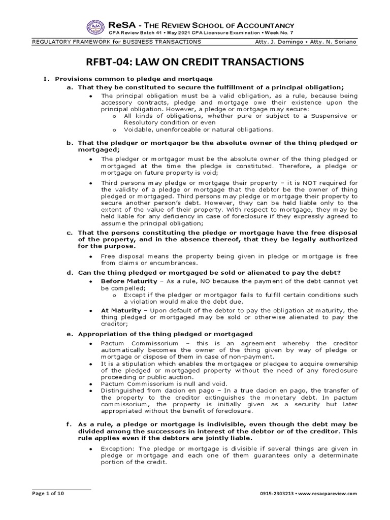 RFBT-04: LAW ON Credit Transactions: - T R S A | PDF | Mortgage Law | Foreclosure
