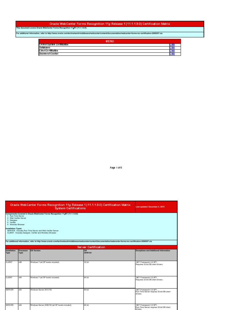 Oracle Webcenter Forms Recognition 11G Release 1 (11.1.1.9.0) Certification Matrix | PDF | 64 ...