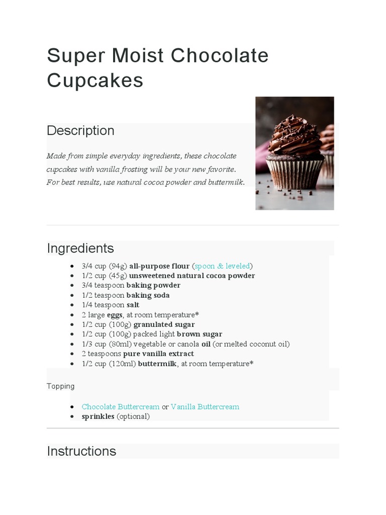 Super Moist Chocolate Cupcakes: Description | PDF | Cupcake | Chocolate