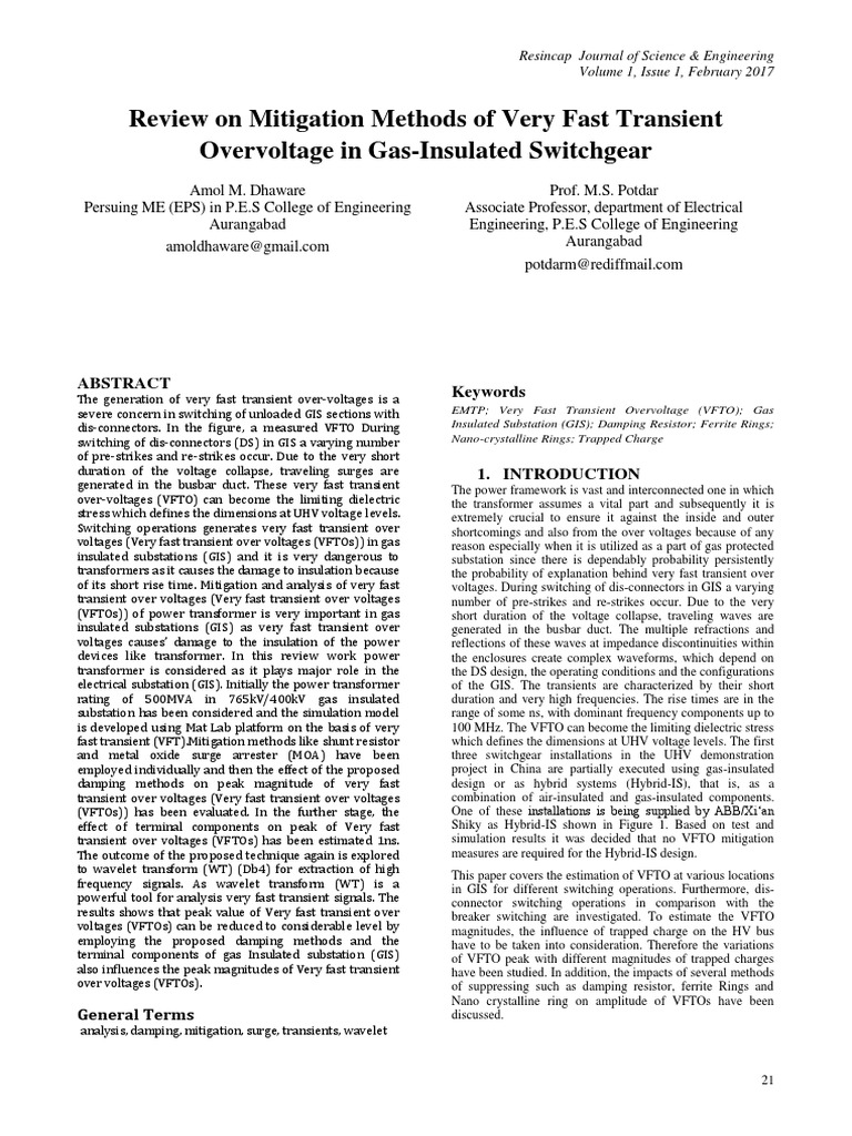 Review On Mitigation Methods Of Very Fast Transient Overvoltage In Gas Insulated Switchgear