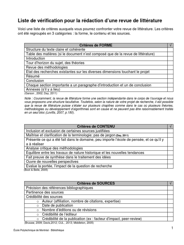 Liste de vérification revue de littérature | PDF | Science | Édition