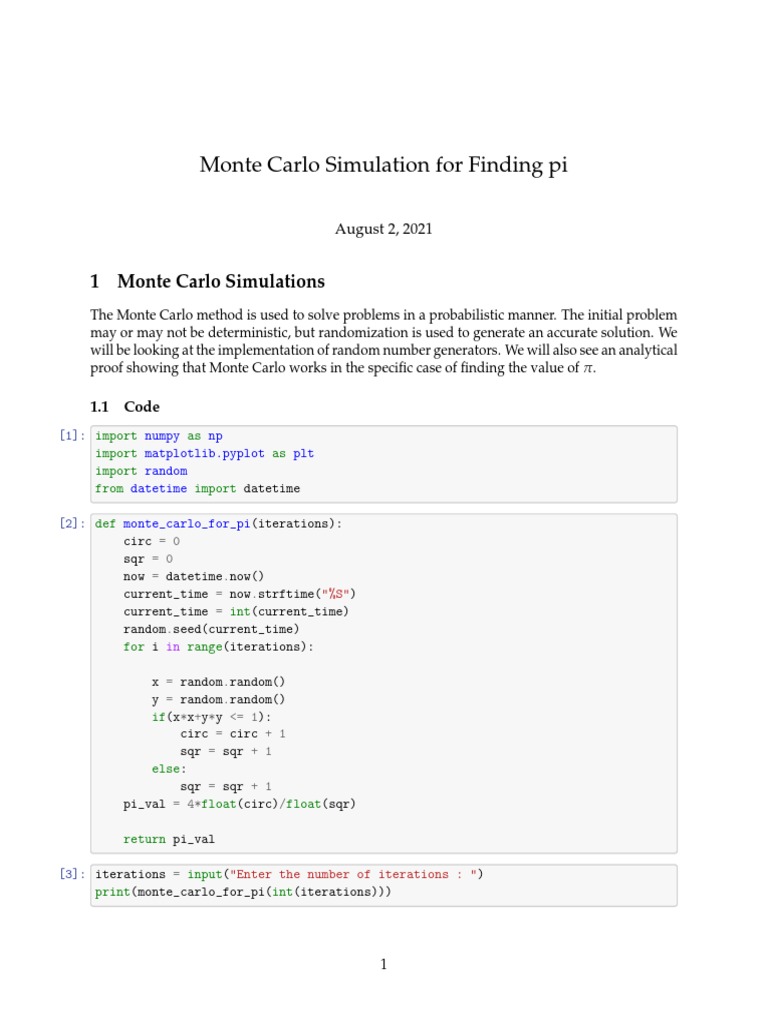 Monte Carlo Simulation For Finding Pi | PDF | Monte Carlo Method | Probability Distribution