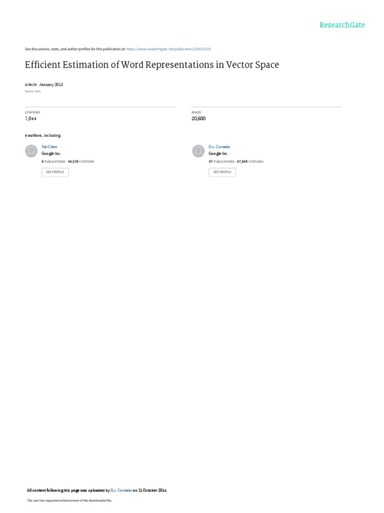 Efficient Estimation of Word Representations in Vector Space: January 2013 | PDF | Artificial ...