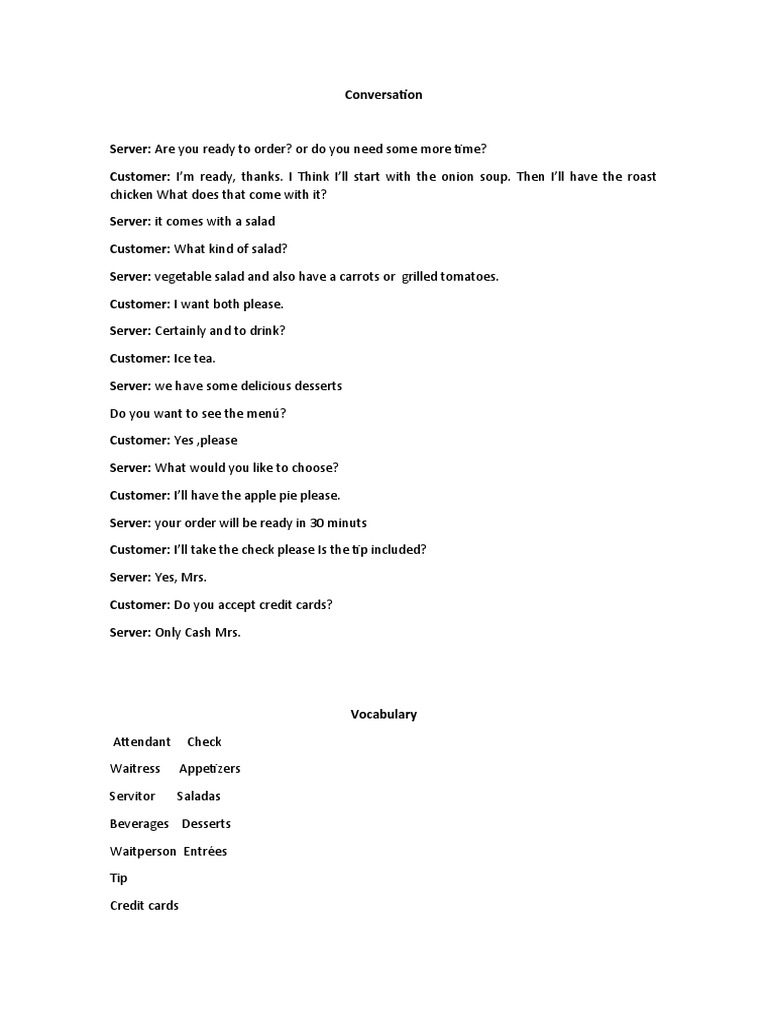Waitress Conversation and Vocabulary | PDF