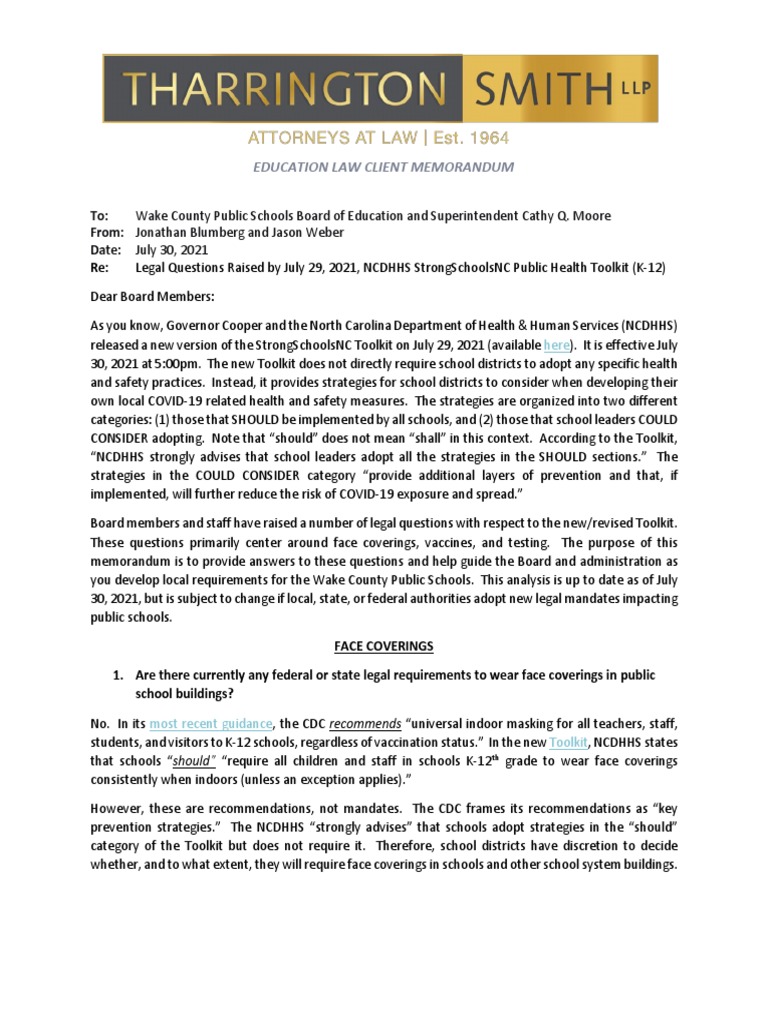 Legal Justification For Requiring Masks in Wake County Schools | PDF ...