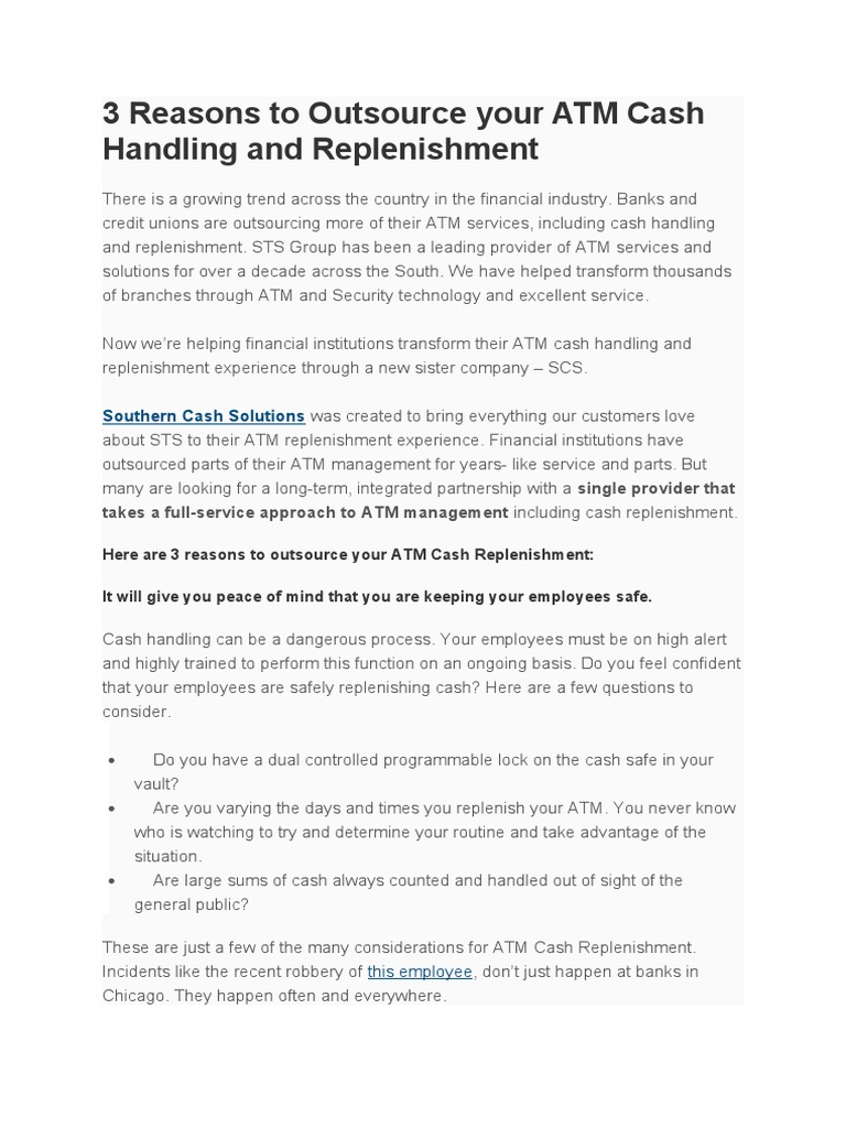 Reasons To Outsource Your ATM Cash Handling and Replenishment | PDF ...