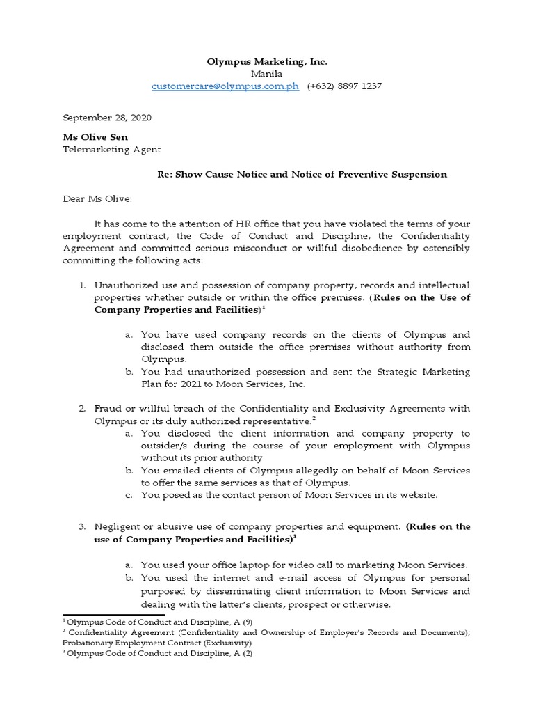 Preventive Suspension Notice for Misconduct | PDF | Confidentiality ...