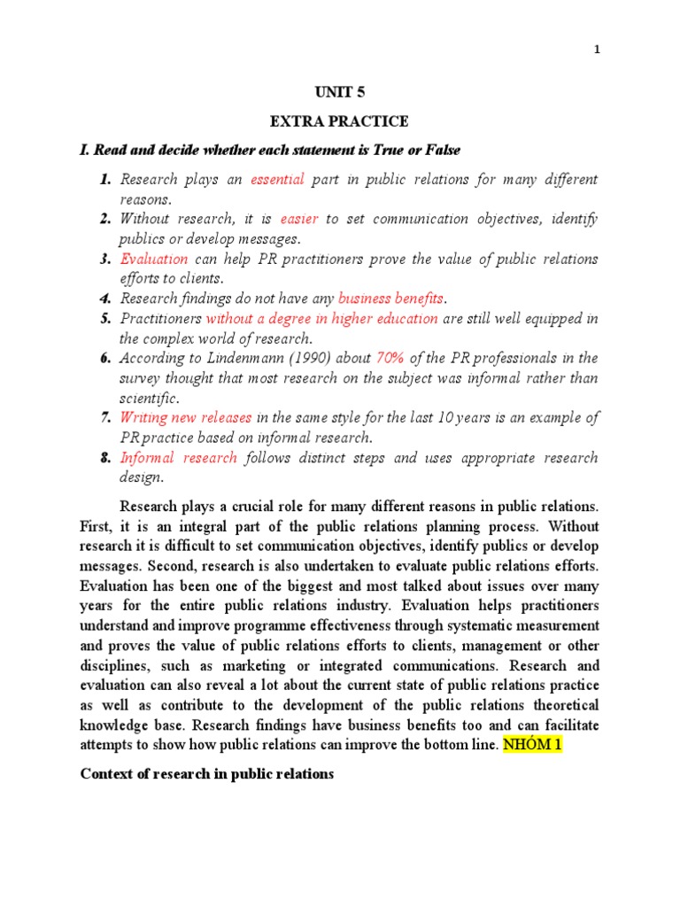 UNIT 5 - Extra Practice | Download Free PDF | Public Relations | Evaluation