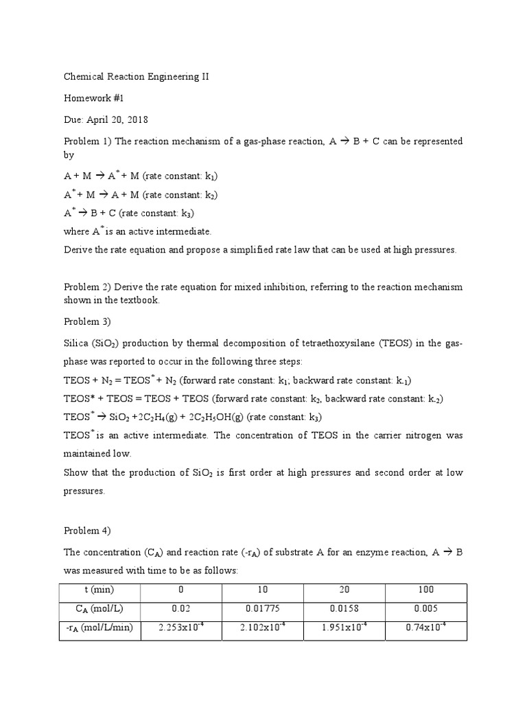 Homework #1 For Chemical Reaction Engineering II | PDF | Enzyme ...