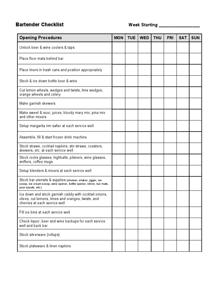 Bartender Checklist: Week Starting - Opening Procedures | PDF | Drink ...