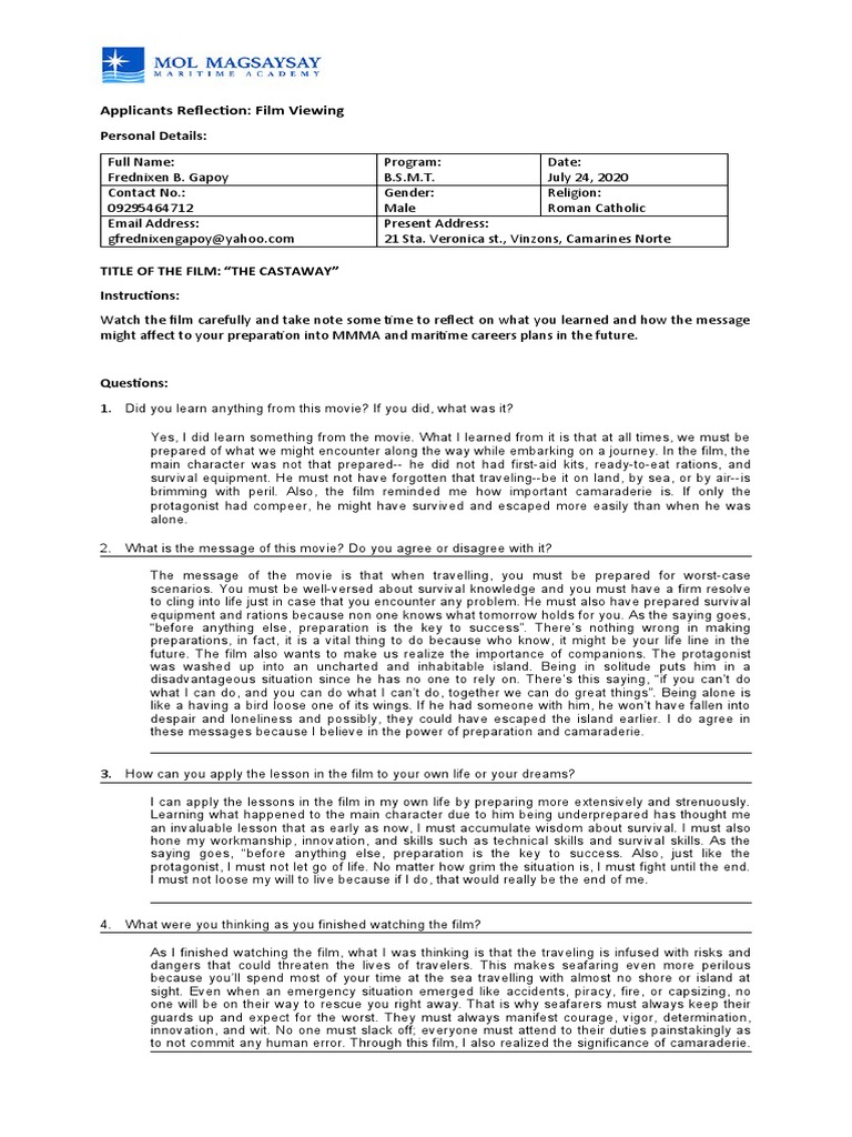 Reflection About The Film The Castaway | PDF